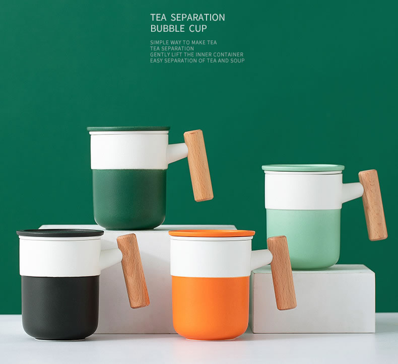 Orange white two-color ceramic wooden handle tea water separation ...